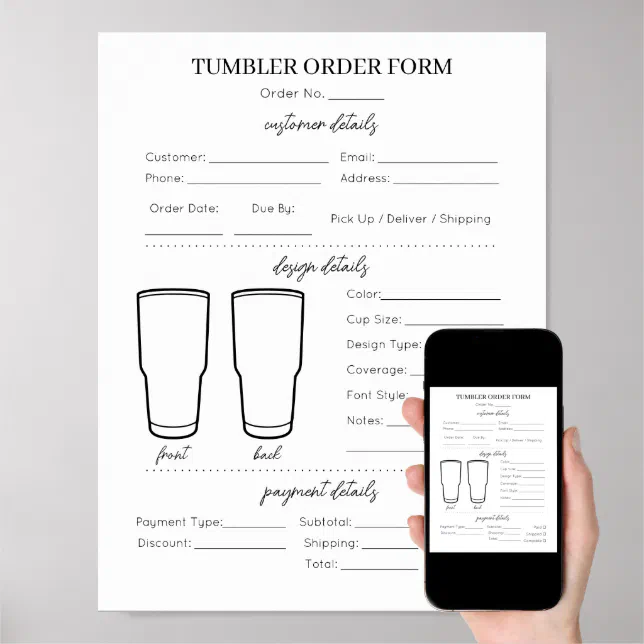 Simple Tumbler Mug Cup Business Order Form List Poster | Zazzle