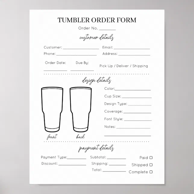 Simple Tumbler Mug Cup Business Order Form List Poster | Zazzle
