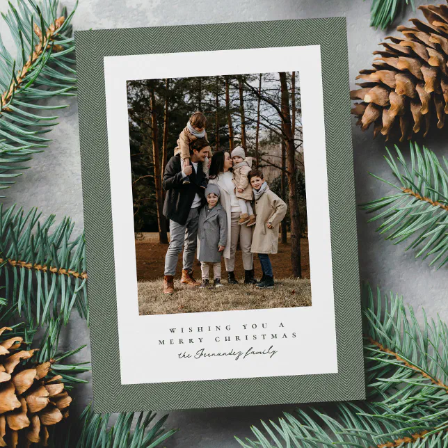 Simple tweed frame green photo Christmas Holiday Card | Zazzle