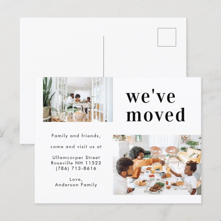 Simple Two Family Photo Minimalist Moving Announcement Postcard | Zazzle