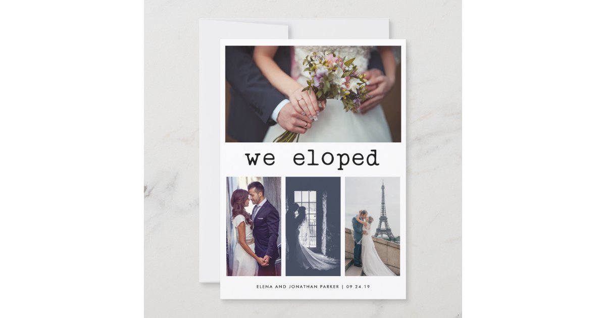 Simple Typewriter Text We Eloped | 4 Photo Announcement | Zazzle