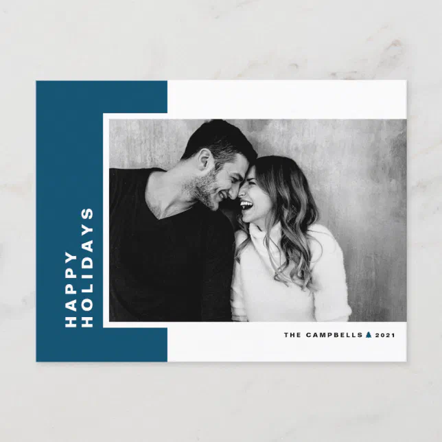 Simple Typography Blue Color Block Photo Holiday Postcard | Zazzle