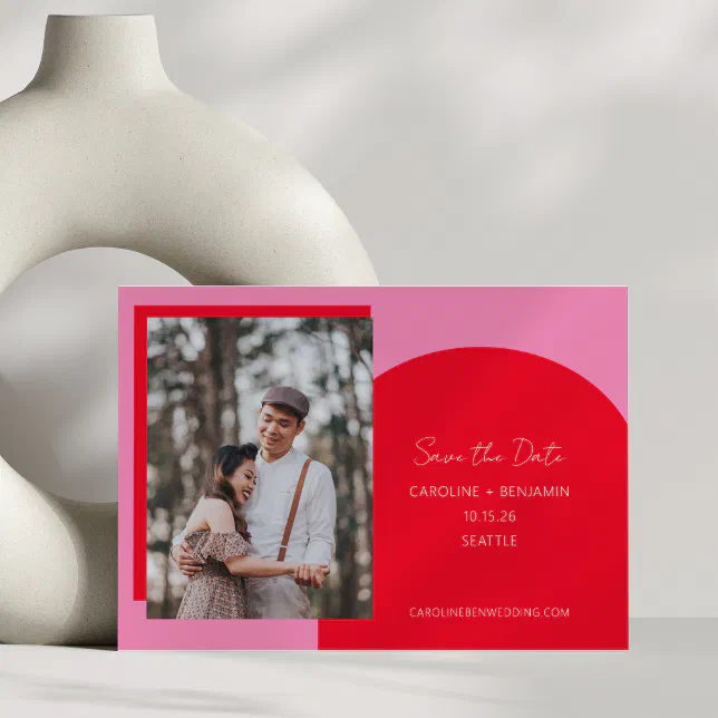Simple Unique Modern Red Pink Geometric Photo Save The Date | Zazzle