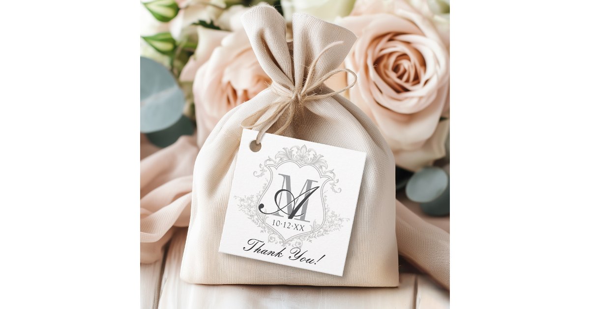 Simple Vintage Monogram Crest Square Wedding Favor Tags | Zazzle