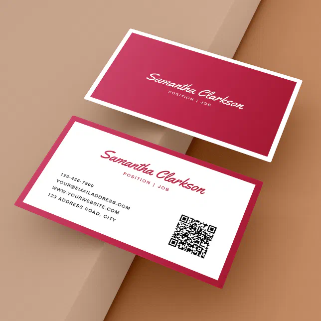 Simple Viva Magenta Border Script QR code Business Card | Zazzle