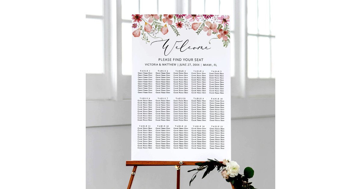 Simple Watercolor 15 Tables Wedding Seating Chart | Zazzle