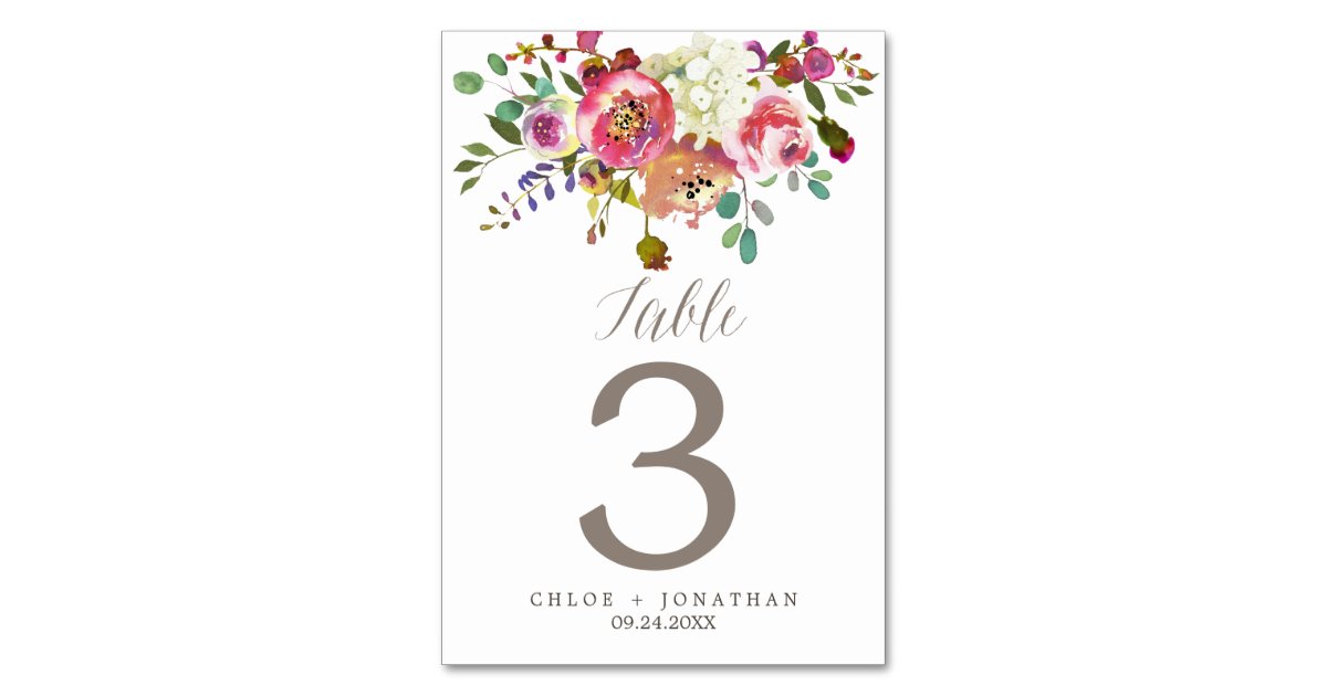 Simple Watercolor Bouquet Wedding Table Number | Zazzle