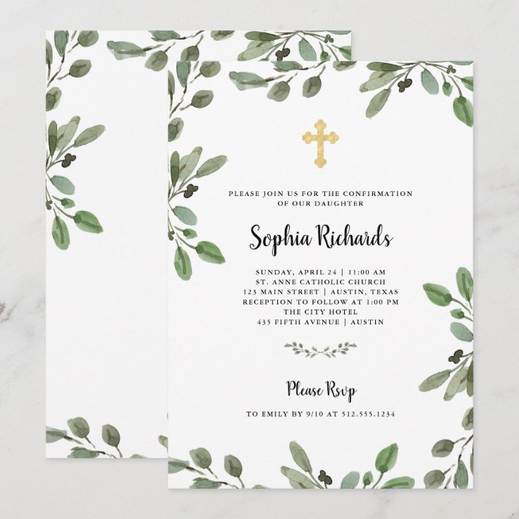 Simple Watercolor Greenery and Gold | Confirmation Invitation | Zazzle