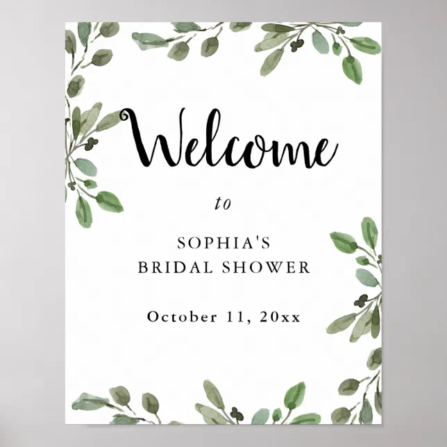 Simple Watercolor Greenery | Bridal Shower Welcome Poster | Zazzle