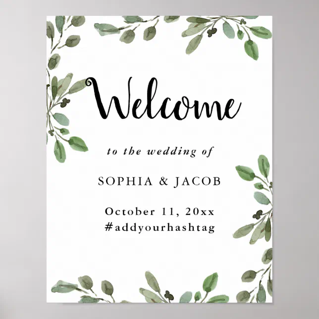 Simple Watercolor Greenery | Wedding Welcome Poster | Zazzle