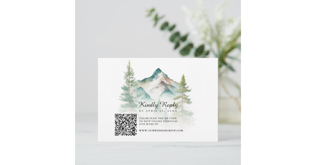 Simple Watercolor Mountain QR Code Wedding RSVP Card | Zazzle