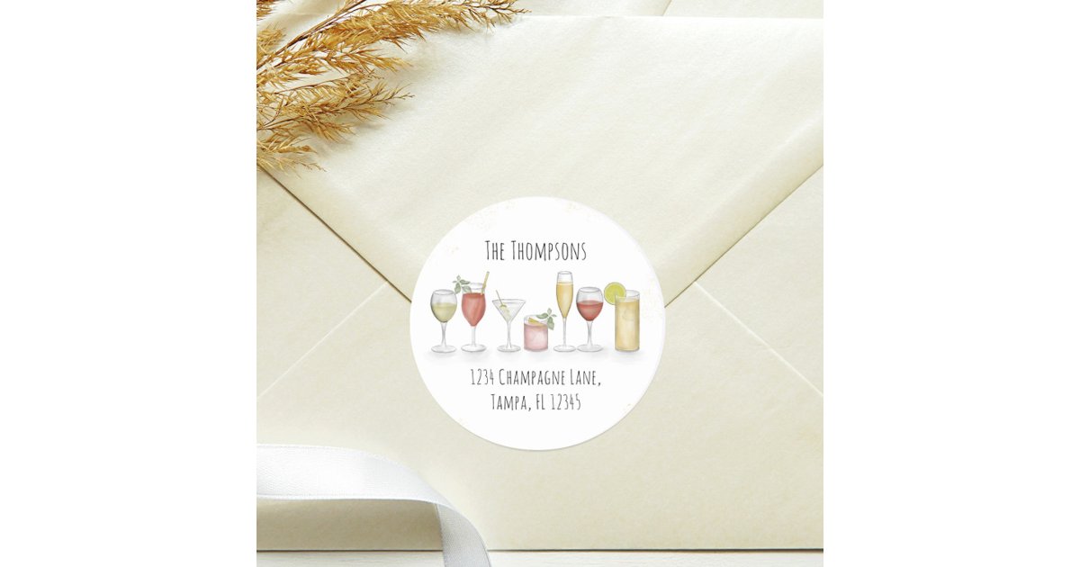 Simple Watercolor Return Address Cocktail Drinks Classic Round Sticker ...