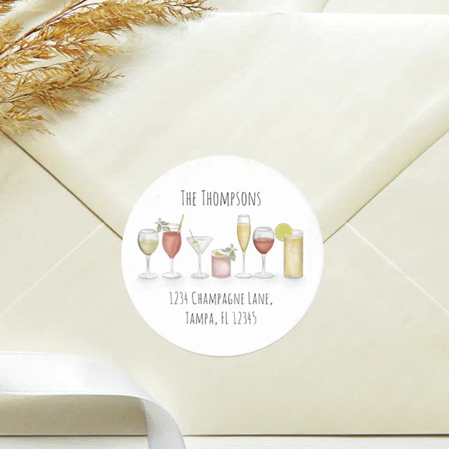Simple Watercolor Return Address Cocktail Drinks Classic Round Sticker ...