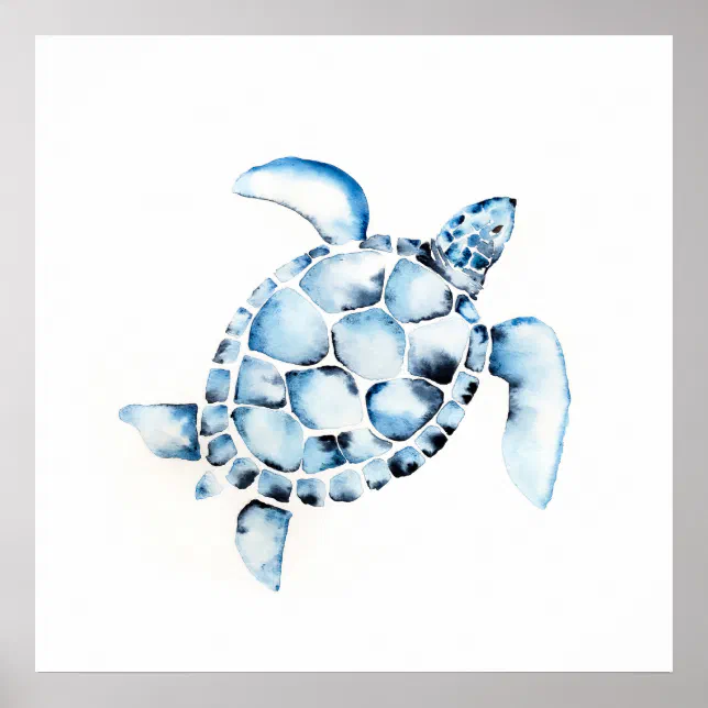 Simple Watercolor Sea Turtle Painting Blue Poster | Zazzle