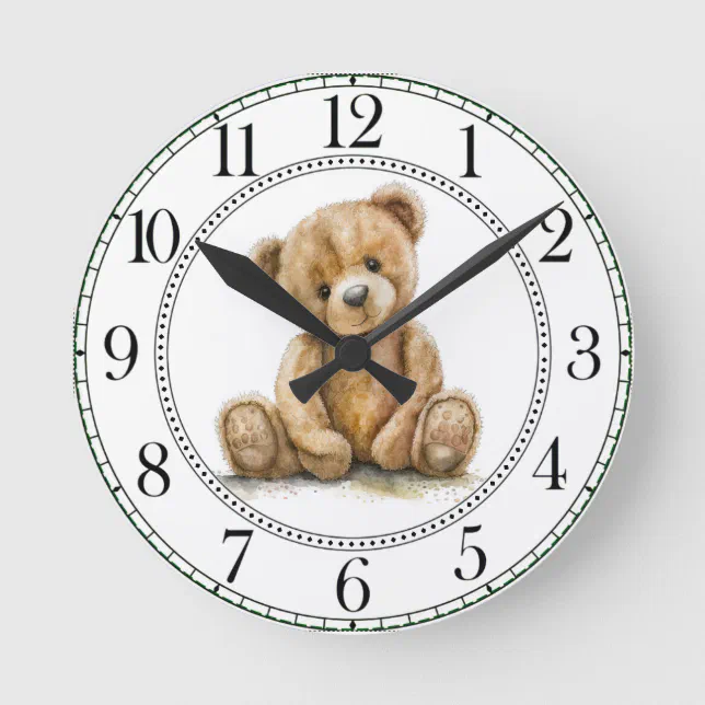 Simple Watercolor Teddy Bear Nursery Round Clock | Zazzle