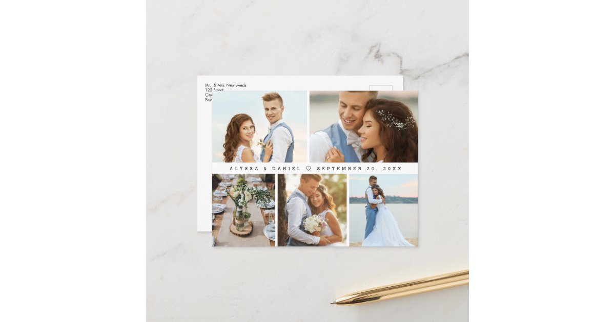 Simple Wedding 5 Photo Collage Postcard | Zazzle