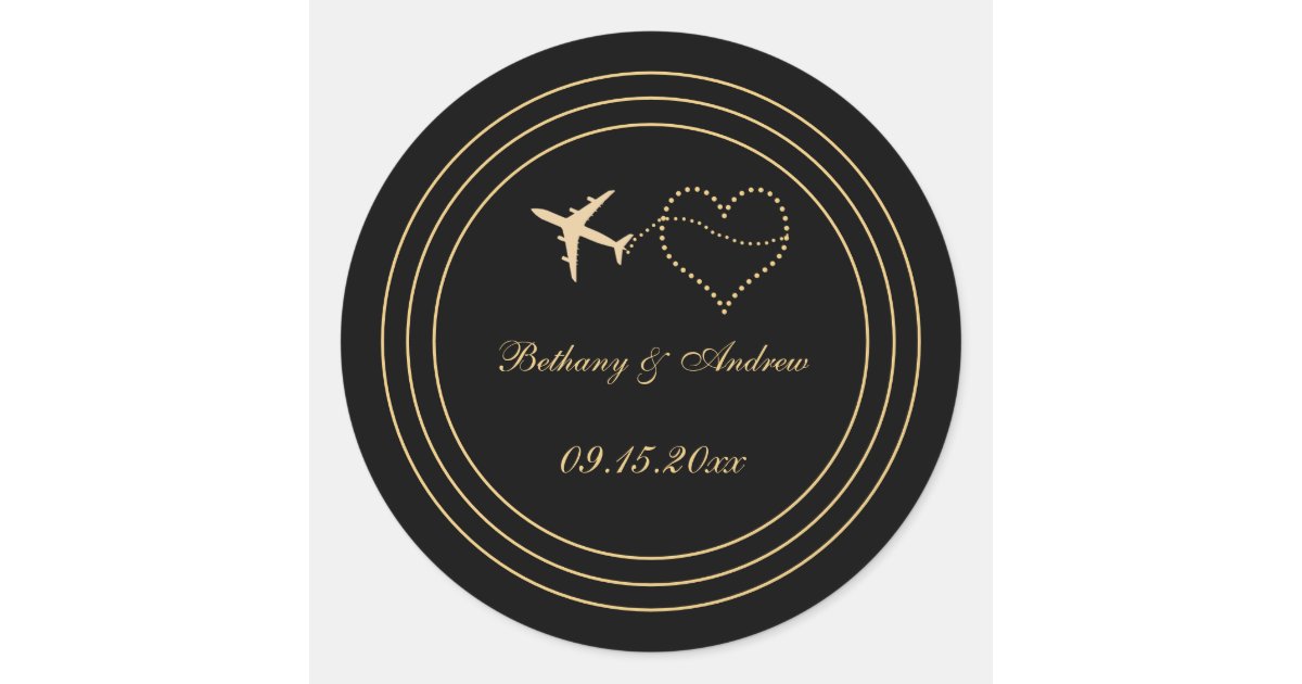 Simple Wedding Black Gold Travel Classic Round Sticker | Zazzle