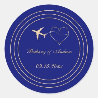 Simple Wedding Blue Gold Travel Classic Round Sticker | Zazzle