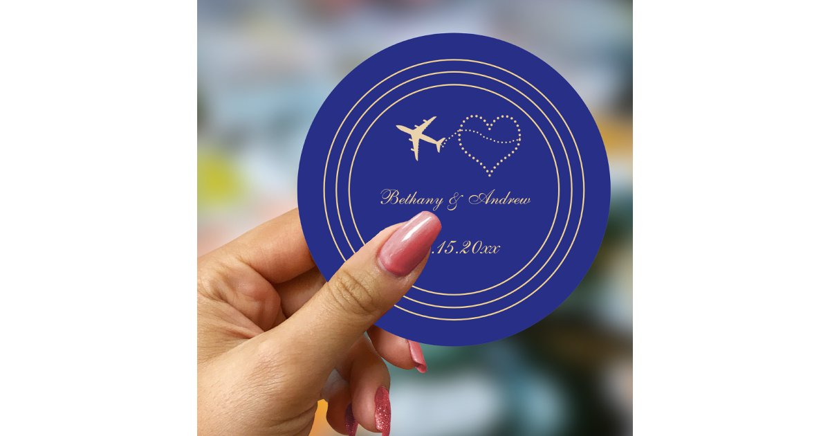 Simple Wedding Blue Gold Travel Classic Round Sticker | Zazzle