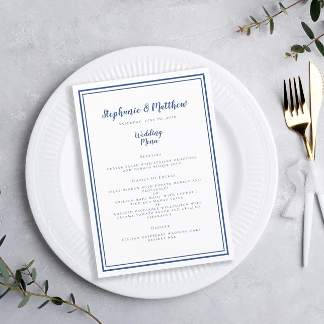 Simple Wedding Menu Classic Blue Framed Chic | Zazzle