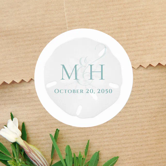 Simple Wedding Monogram Minimalist Beach Classic Round Sticker | Zazzle