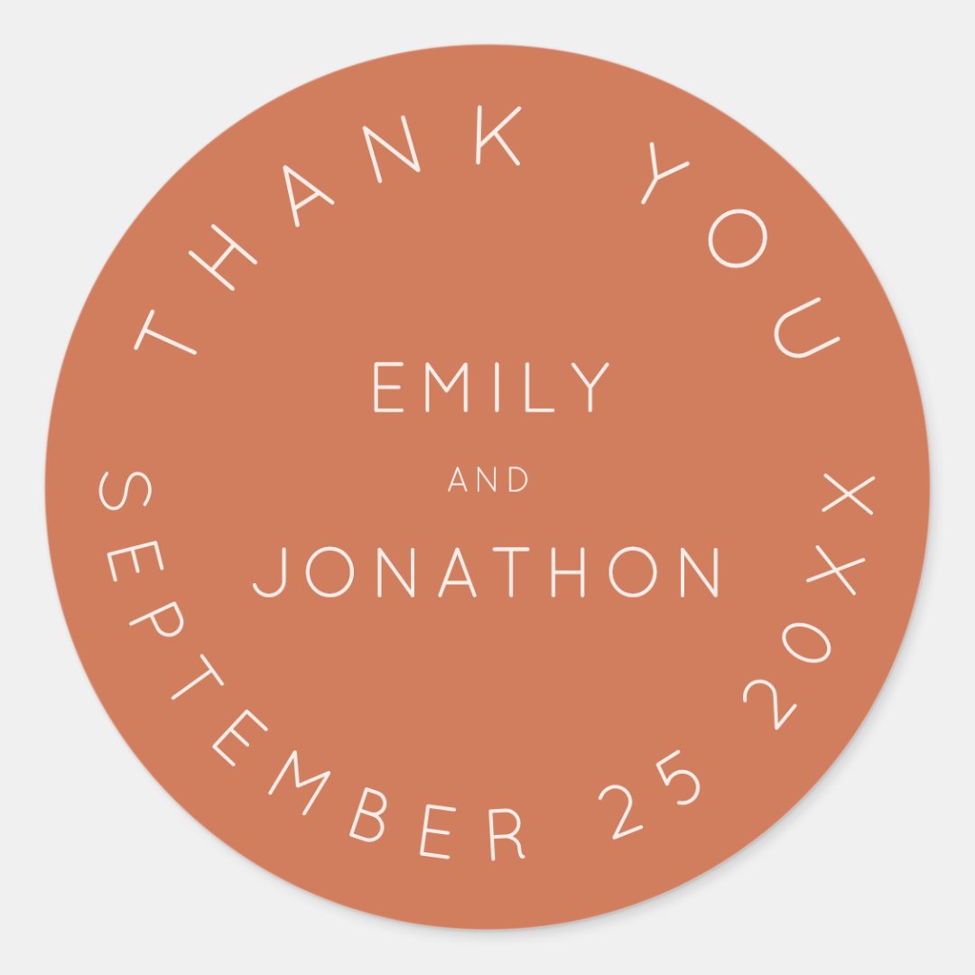 Simple Wedding Thank You Names Date Terracotta Classic Round Sticker ...