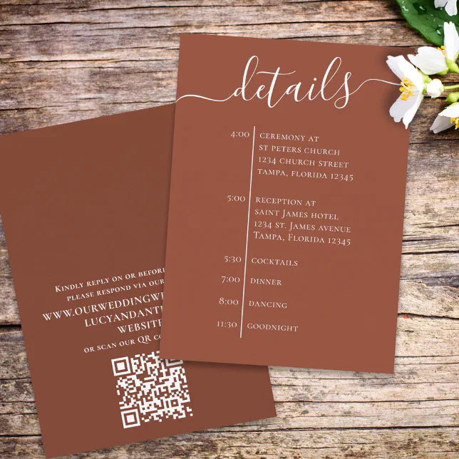 Simple Wedding Timeline Terracotta QR Code Detail Enclosure Card | Zazzle