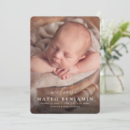 Simple welcome script blue photo birth announcement | Zazzle