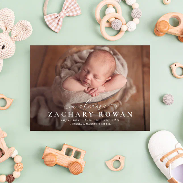 Simple welcome script photo blue birth announcement | Zazzle