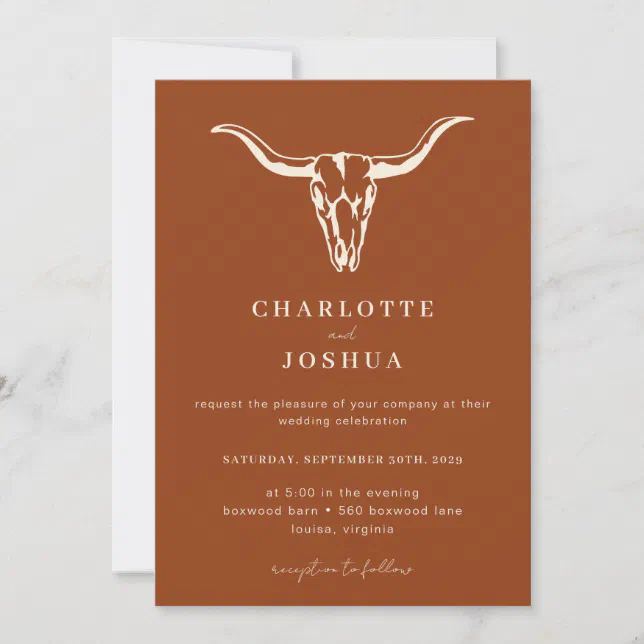 Simple Western Bohemian Cow Skull QR Code Wedding Invitation | Zazzle