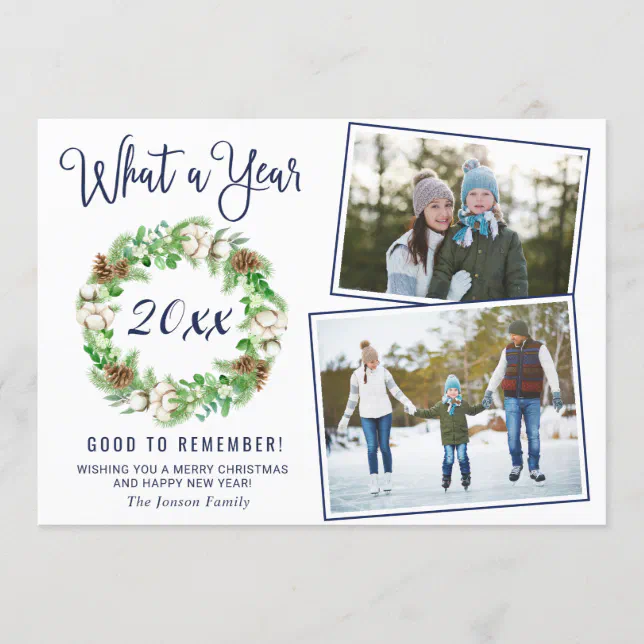 Simple What a Year Christmas Greeting 2 PHOTO Holiday Card | Zazzle