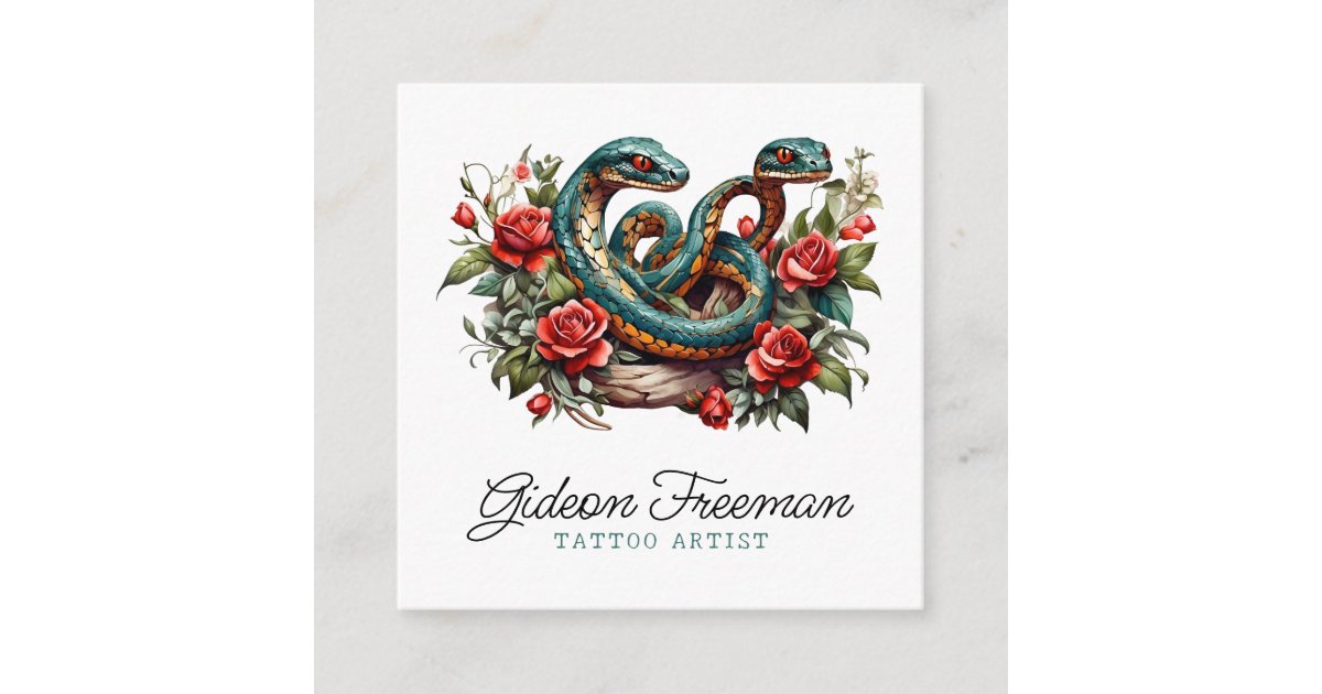 Simple White and Teal Snakes Tattoo Artist Square Business Card | Zazzle