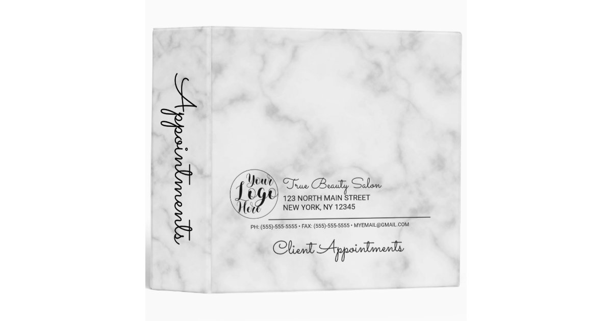Simple White Black Marble Business Appointment 3 Ring Binder | Zazzle