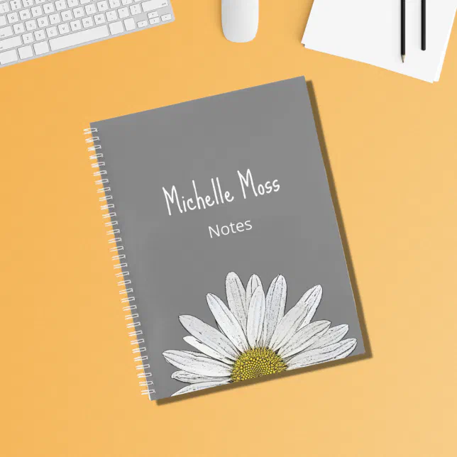 Simple White Daisy Botanical Personalized Gray Notebook | Zazzle