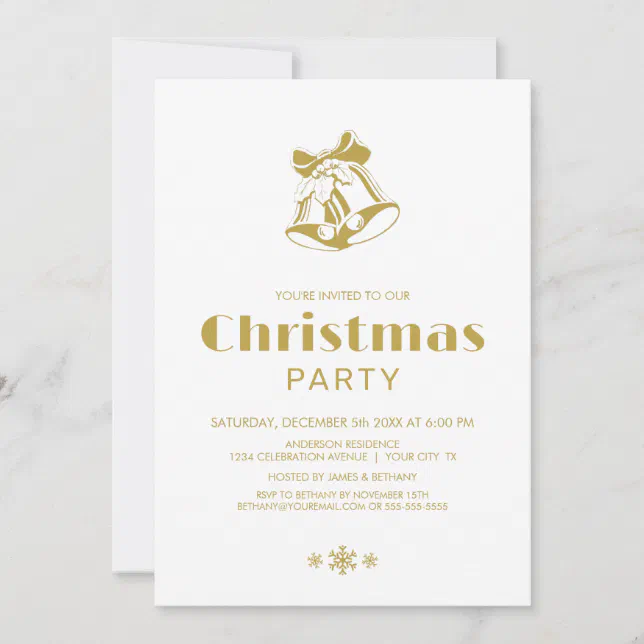 Simple White Gold Christmas Bells Party Invitation | Zazzle