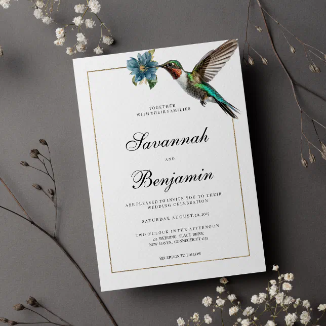 Simple white gold colorful hummingbird wedding Invitation | Zazzle