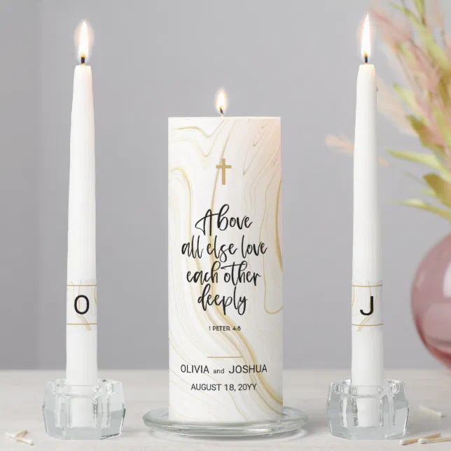 Simple White Gold Marble Christian Wedding Unity Candle Set | Zazzle
