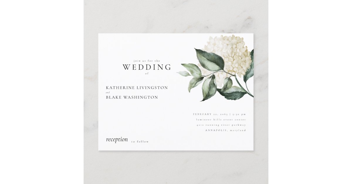 Simple White Hydrangea Postcard Wedding Invitation | Zazzle