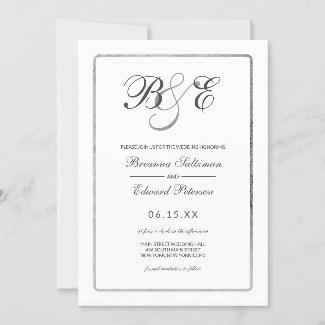 Simple White Silver Border Monogram Wedding Invitation | Zazzle