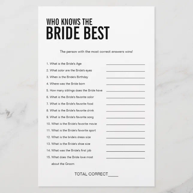 Simple Who Knows The Bride Bridal Shower Game | Zazzle