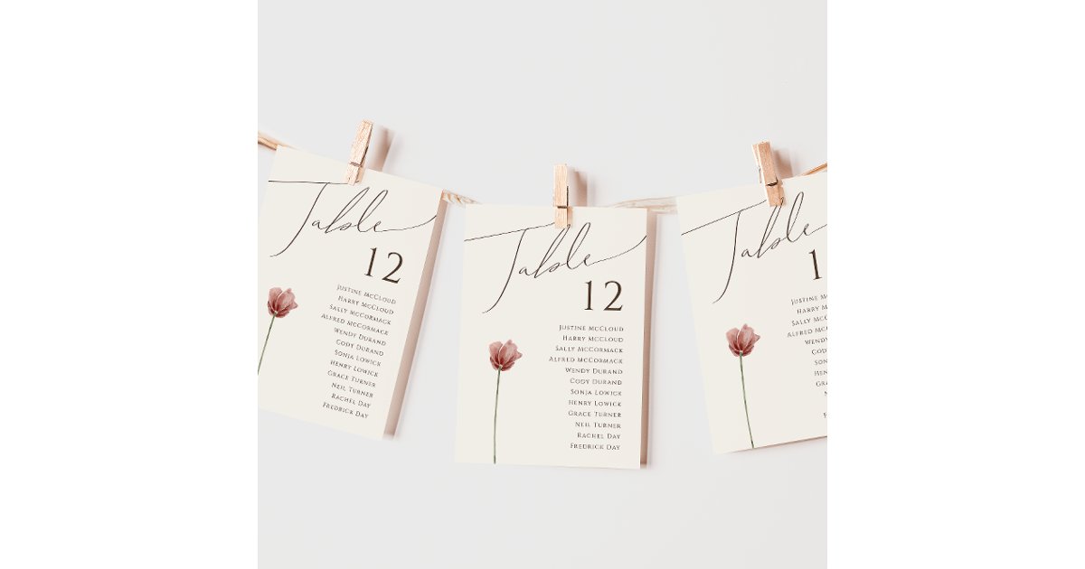 Simple Wildflower | Beige Table Number Chart | Zazzle