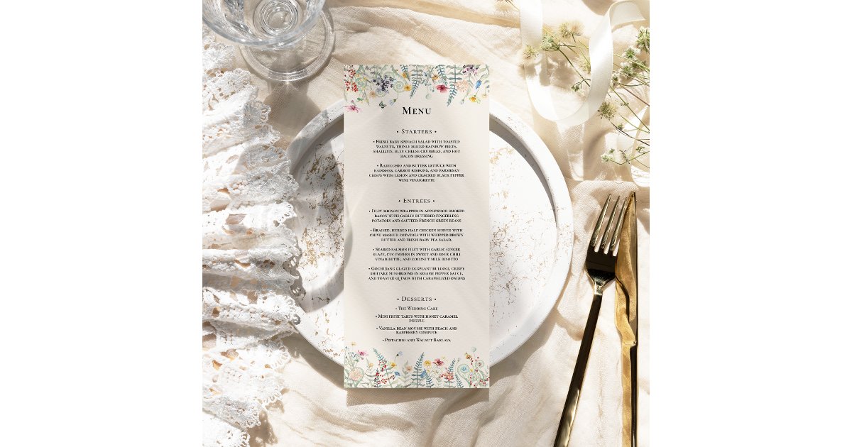 Simple Wildflower Fern Beige Wedding Flat Menu | Zazzle