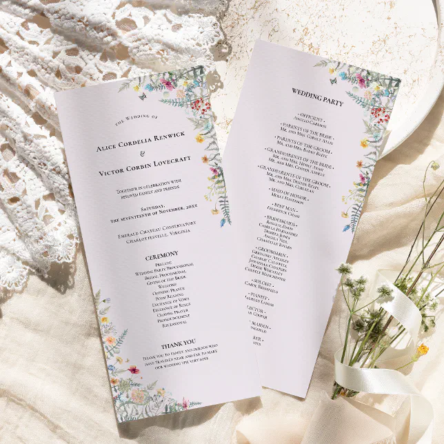 Simple Wildflower Fern Lavender Wedding Flat Program | Zazzle