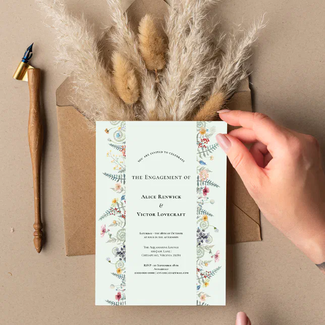Simple Wildflower Fern Mint Green Engagement Party Invitation | Zazzle