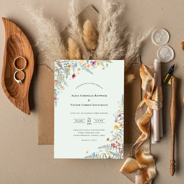 Simple Wildflower Fern Mint Green Wedding Invitation | Zazzle
