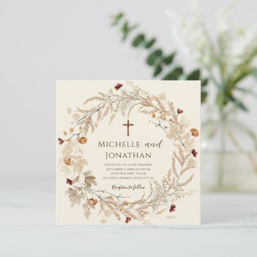 Simple Wildflower Floral Christian Cross Wedding Invitation | Zazzle