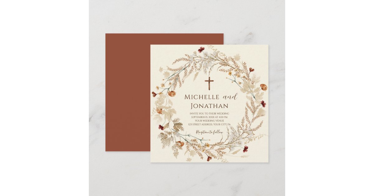 Simple Wildflower Floral Christian Cross Wedding Invitation | Zazzle
