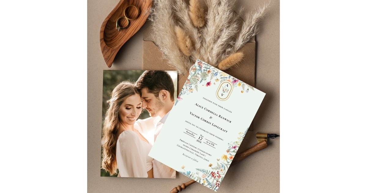 Simple Wildflower Mint Wedding Monogram Photo Invitation | Zazzle
