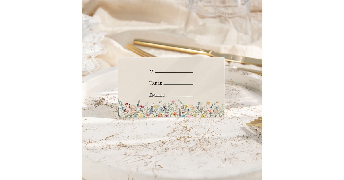 Simple Wildflower Wedding Entree Choice Folded Place Card | Zazzle
