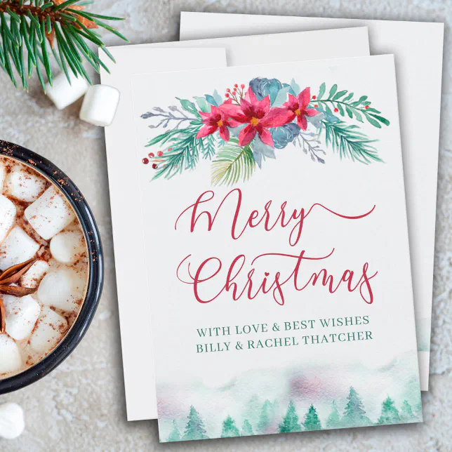 Simple Winter Forest and Poinsettia Watercolor Holiday Card | Zazzle